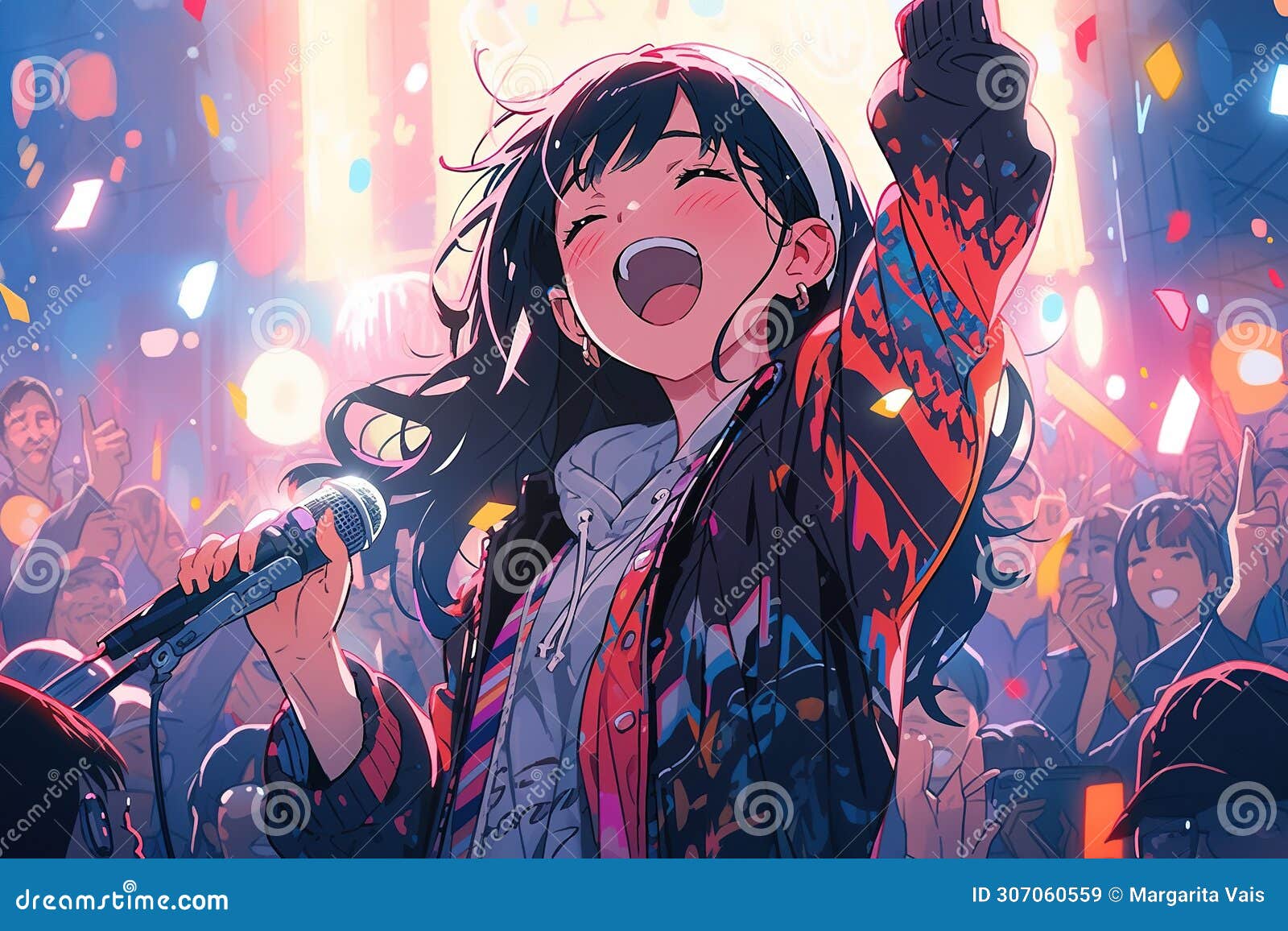 Happy Anime Girl Singing on Stage into a Microphone in a Crowd of ...