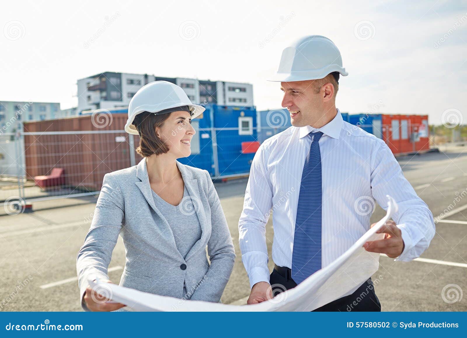 Happy Architects with Blueprint at Building Stock Photo - Image of ...