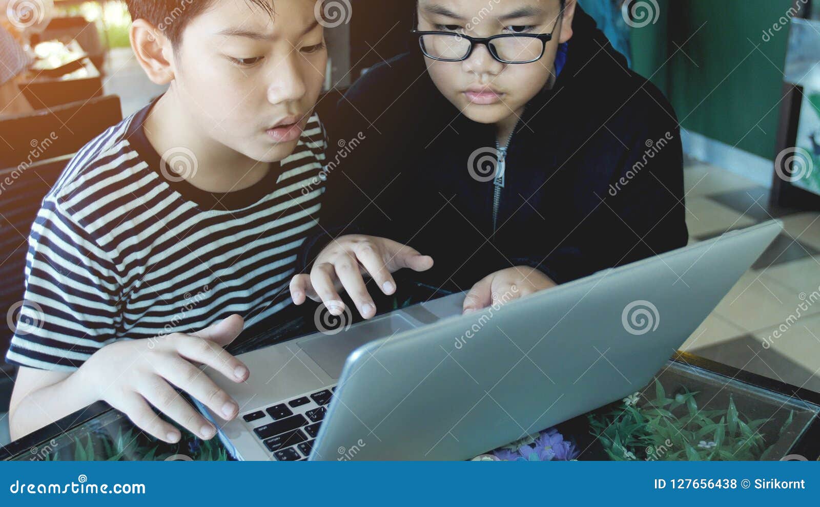 Happy Asian Boy Typing on Laptop Computer. Stock Photo - Image of ...