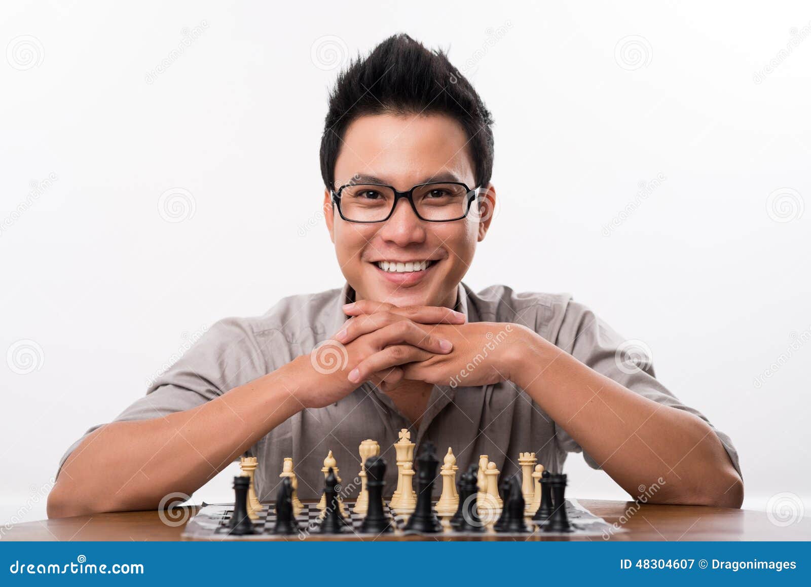 Happy Asian chess player stock image. Image of glasses - 48304607