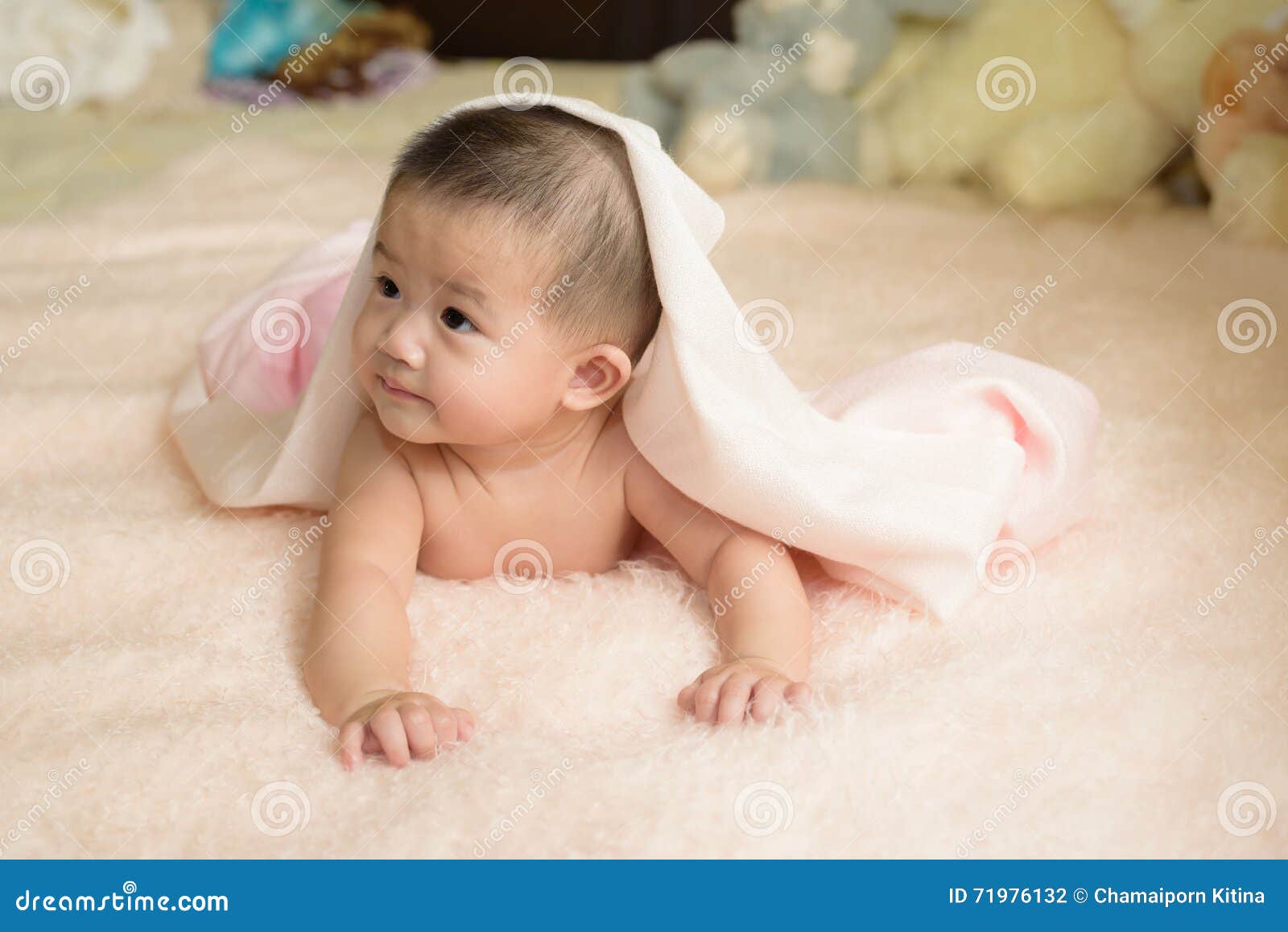 Happy Asian Child Lay on Bed. Stock Photo - Image of curly, little ...