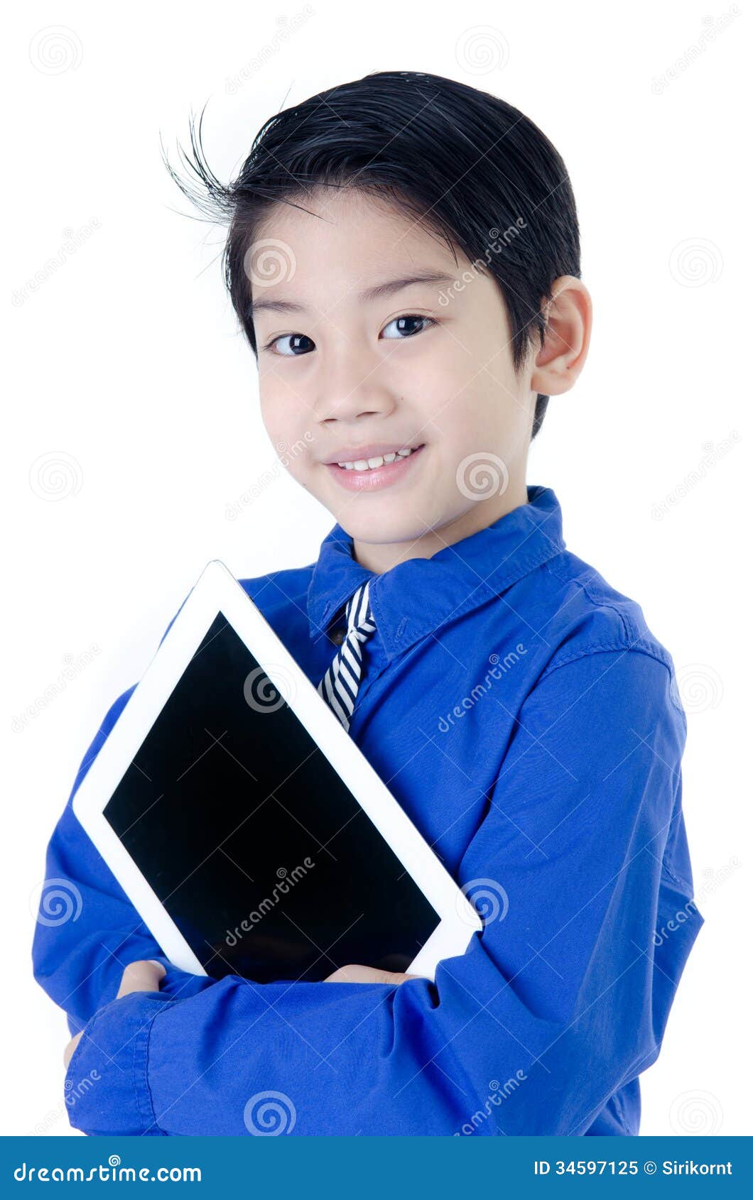 Happy Asian Child with Tablet Computer on Isolated Background Stock ...