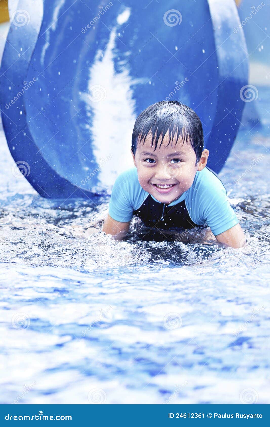 Happy Asian Kid on Water Slide Stock Image - Image of amusement, resort ...