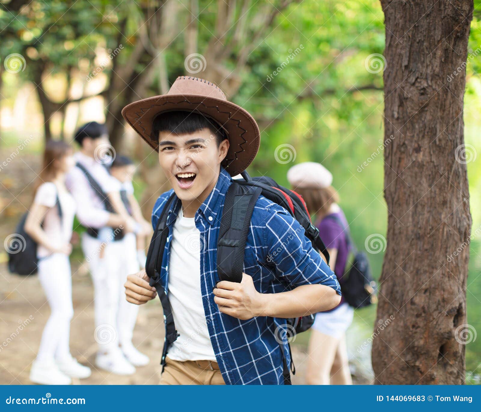 Asian Man with Backpack Hiking in Forest Stock Image - Image of green ...