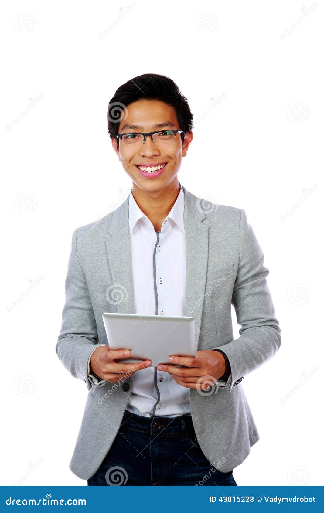 Happy Asian Man Holding Tablet Computer Stock Photo - Image of happy ...