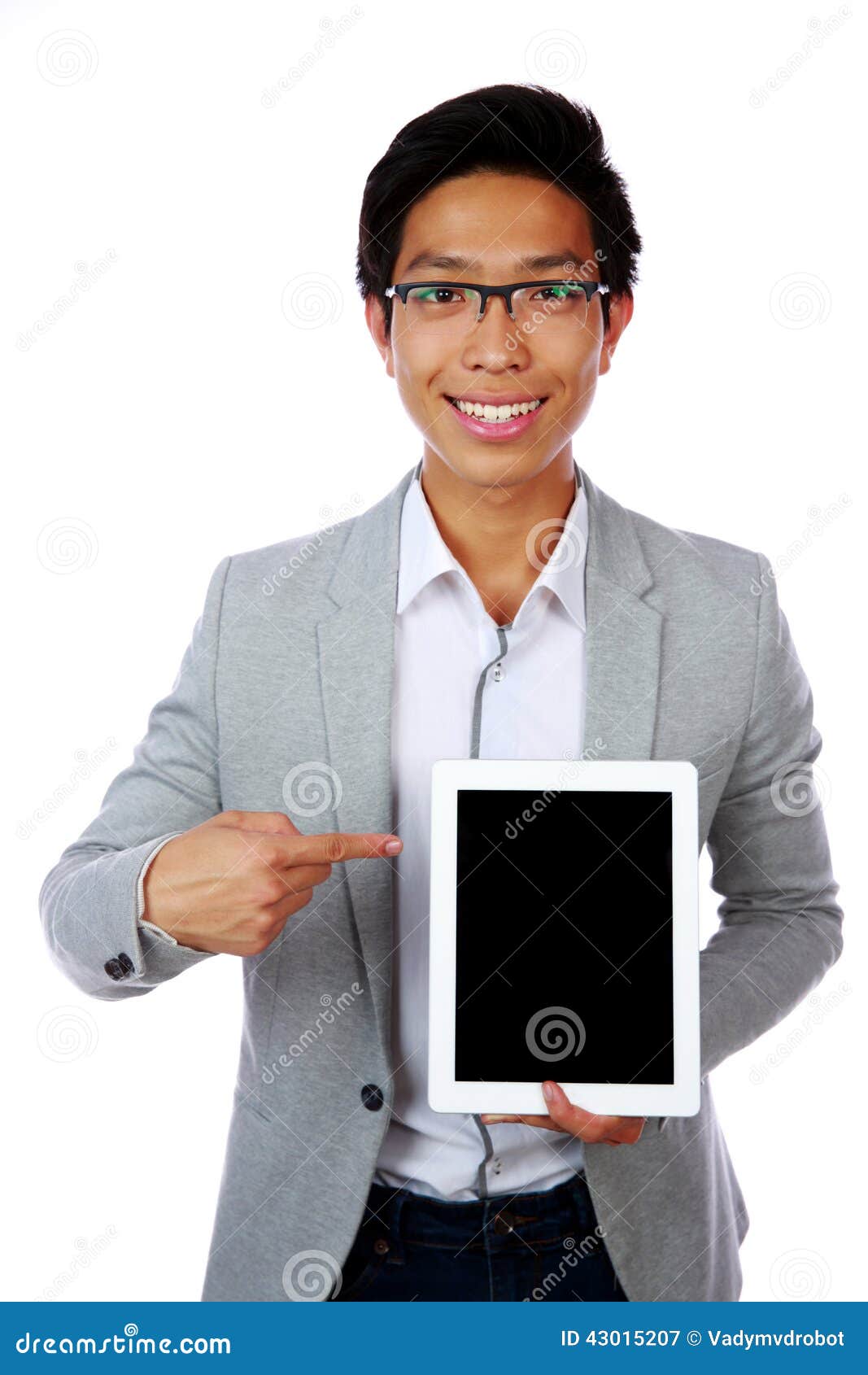 Happy Asian Man Standing with Tablet Computer Stock Image - Image of ...