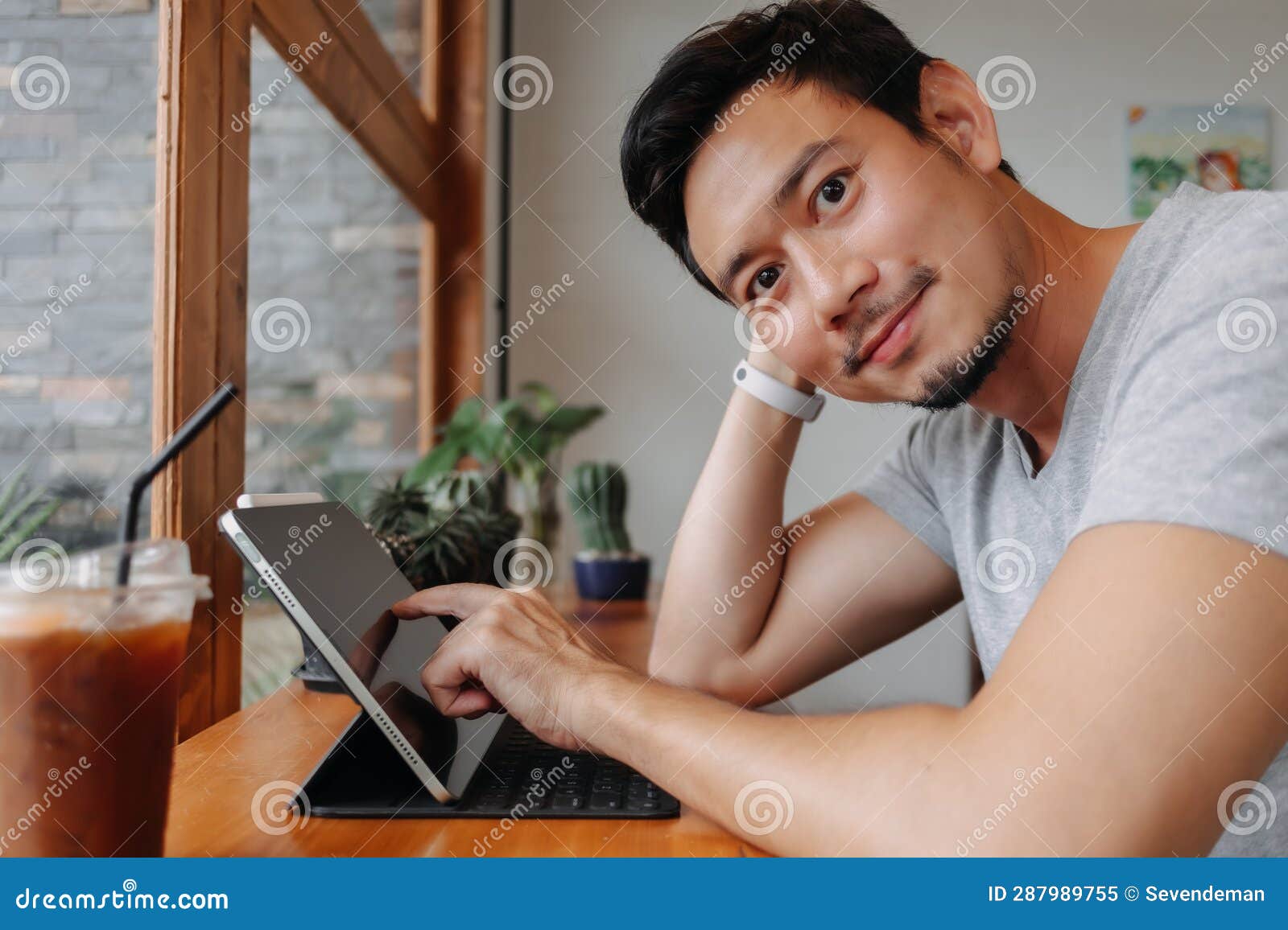 Happy Asian Man Working in the Cafe Stock Image - Image of desk ...