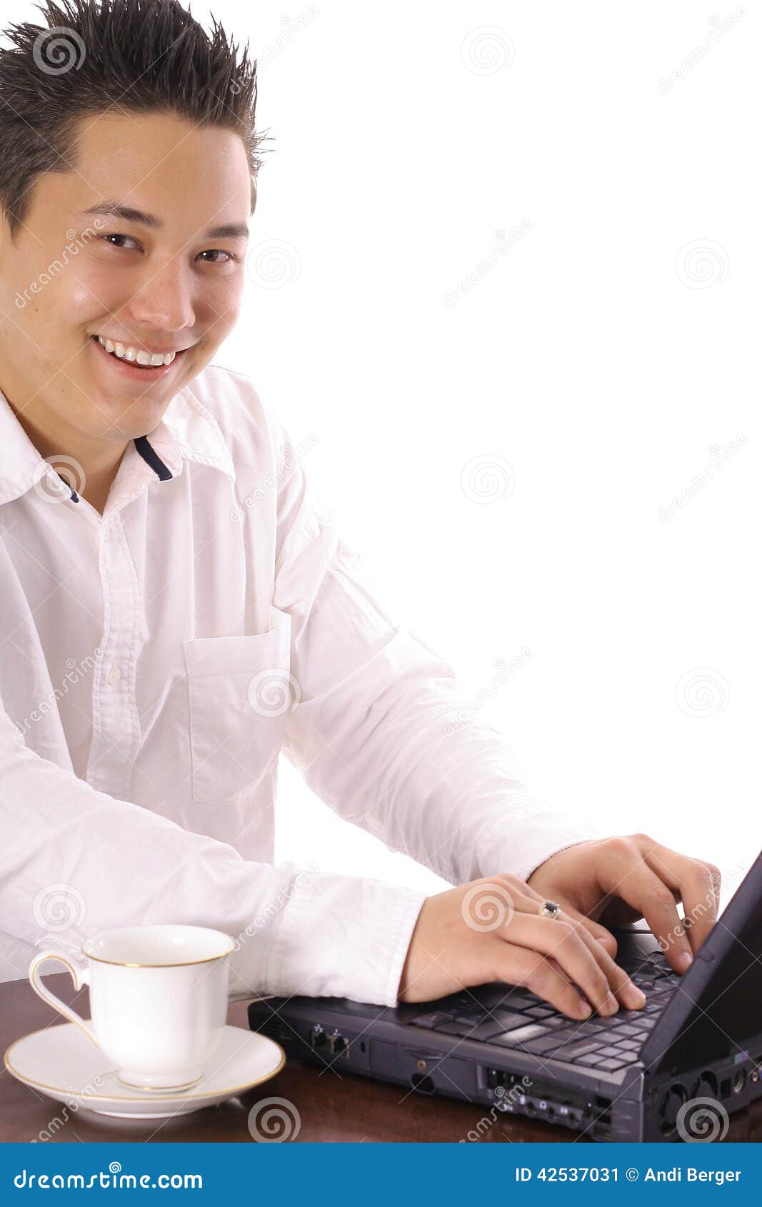 Happy Asian Man Working on Computer Stock Image - Image of corporate ...