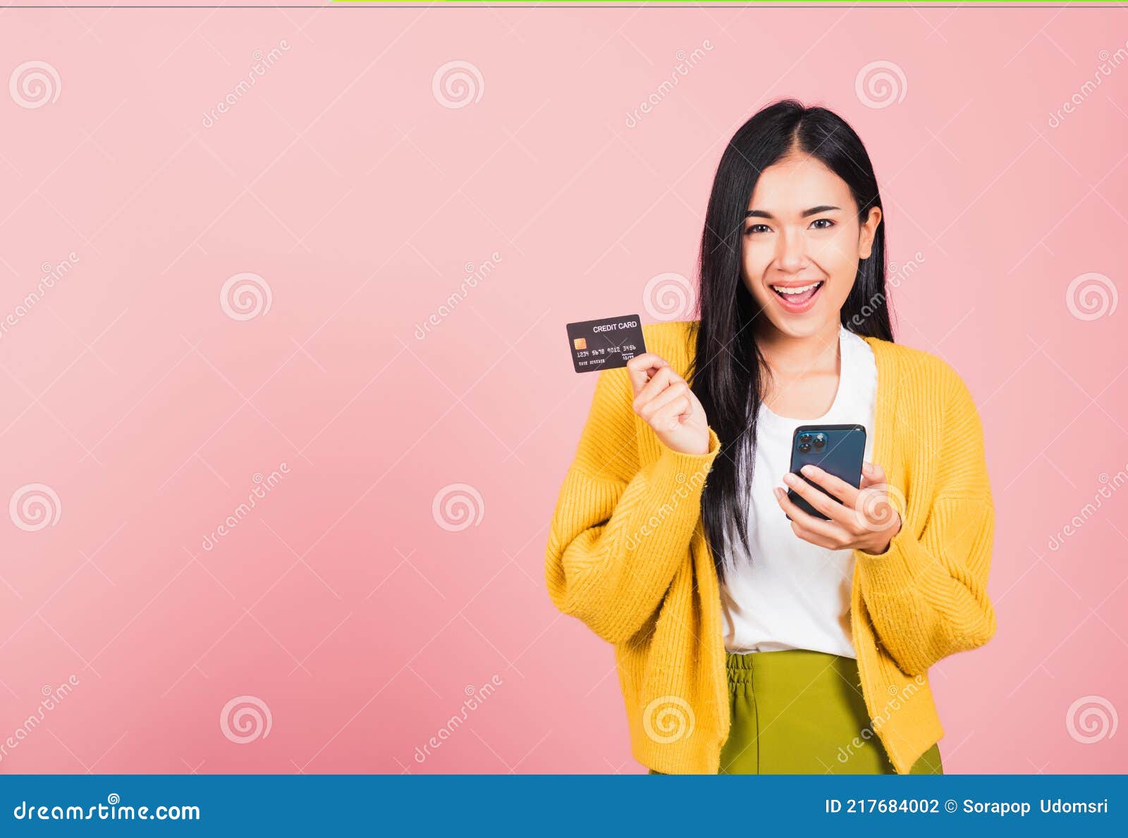 Happy Asian Portrait Beautiful Cute Young Woman Excited Smiling Hold