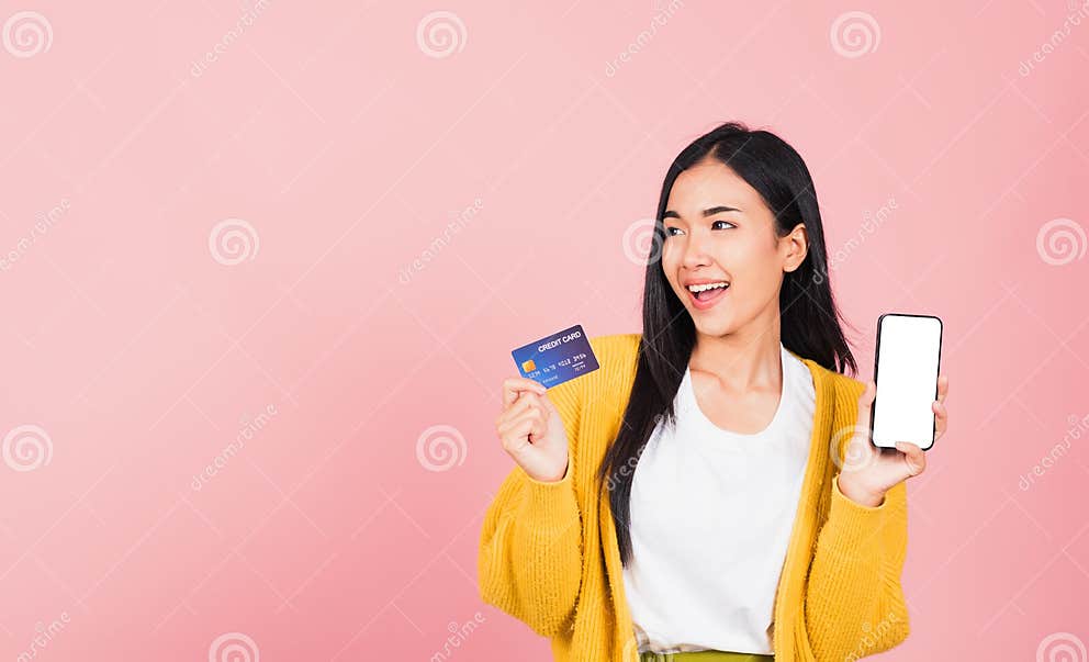 Happy Asian Portrait Beautiful Cute Young Woman Excited Smiling Hold