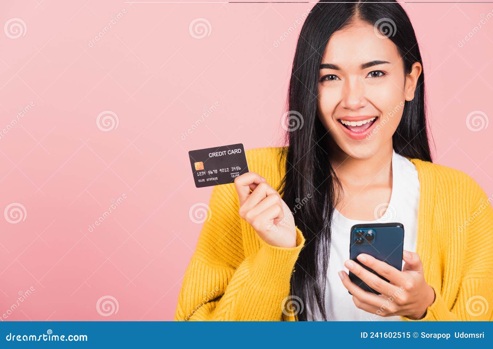 Happy Asian Portrait Beautiful Cute Young Woman Excited Smiling Hold
