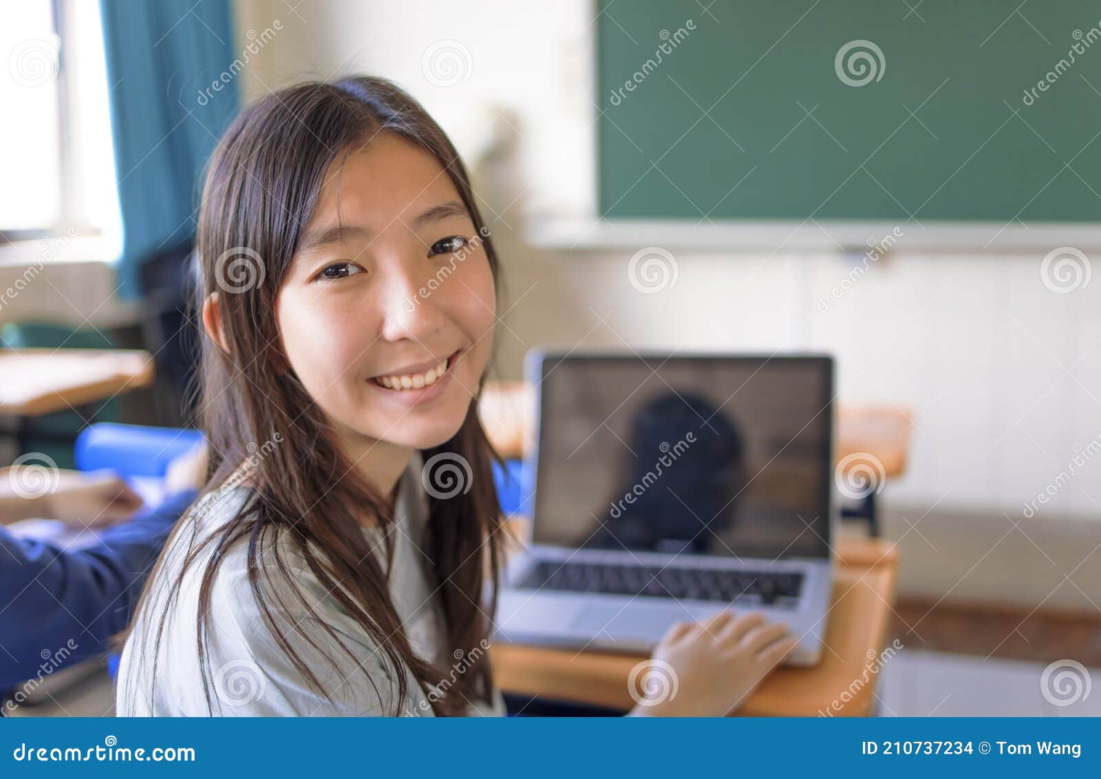 Happy Asian Student Girl Using Laptop in Classroom Stock Photo - Image ...
