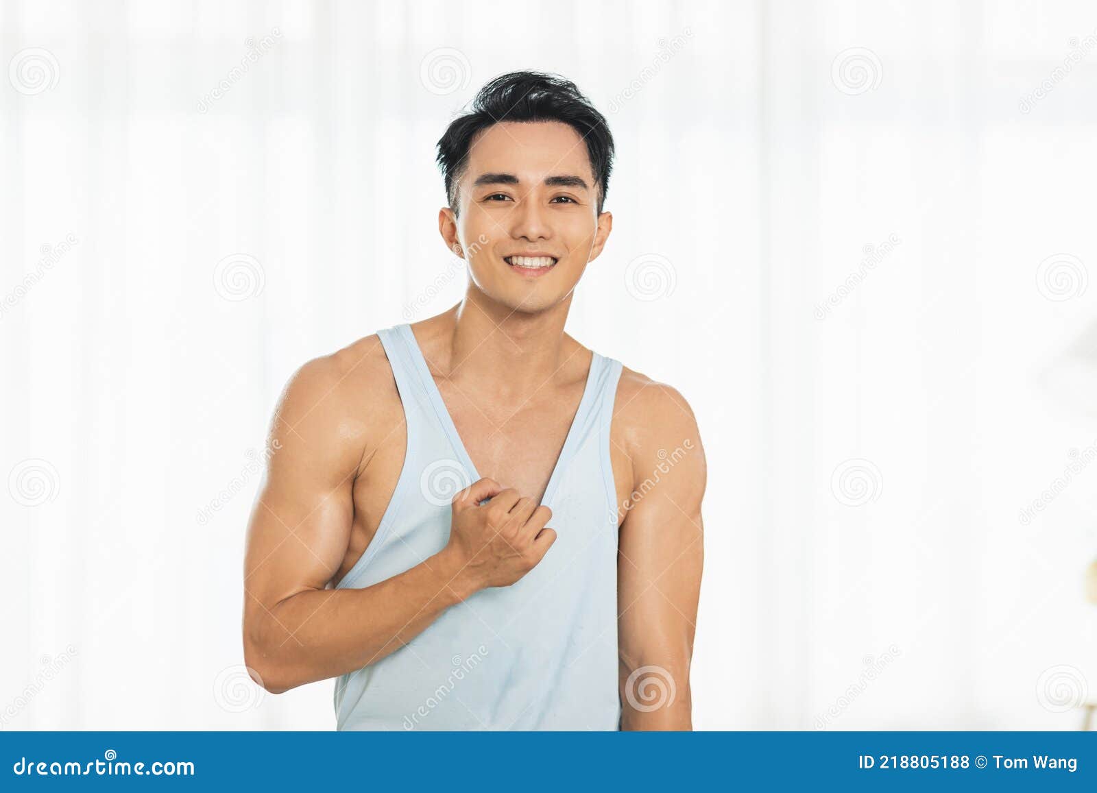 Happy Asian Young Man Doing Exercises at Home Stock Photo - Image of ...