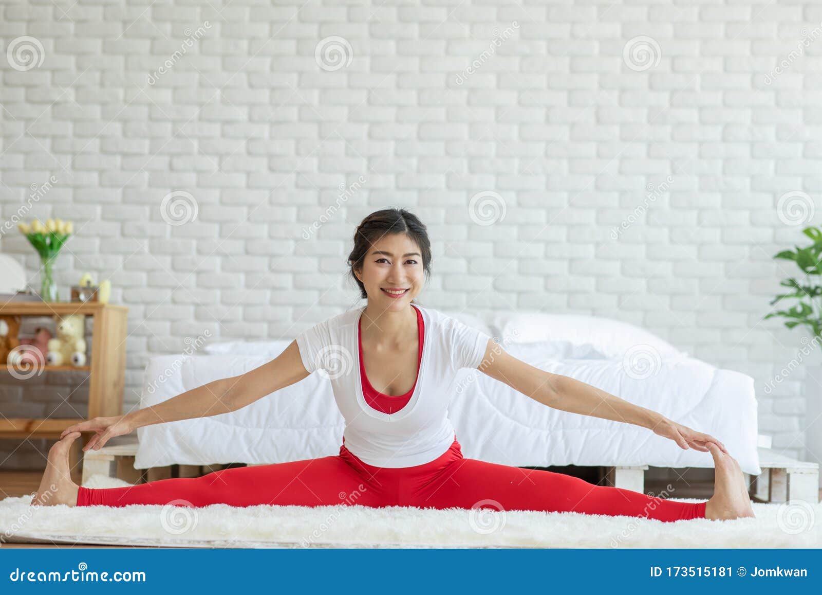 Happy Attractive Asian Woman Practice Yoga Stock Image Image Of