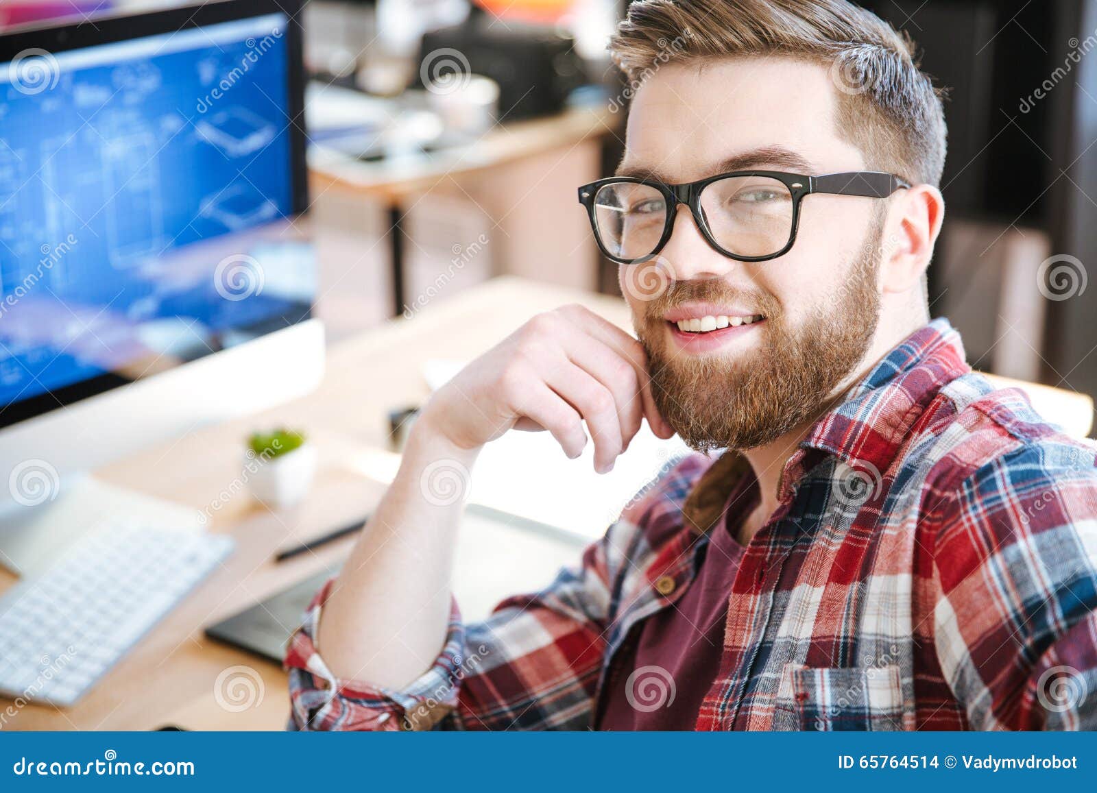 Happy Attractive Man Working and Designing Project on Computer Stock ...