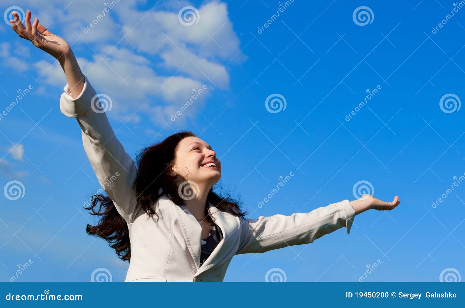 The Happy Attractive Woman with the Lifted Hands Stock Photo - Image of ...