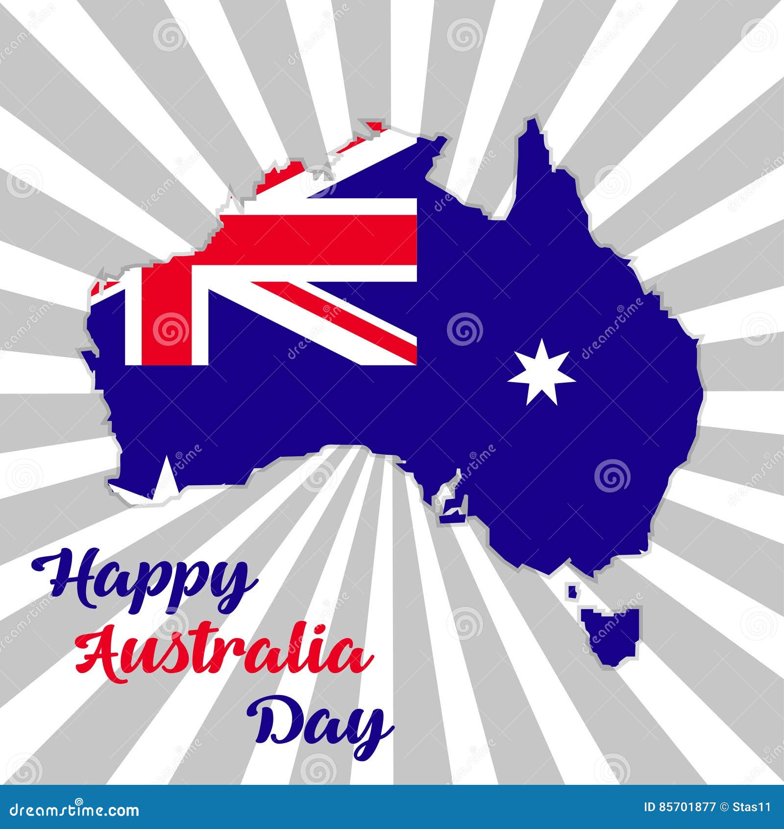 Happy Australia Day Lettering. Map of Australia with Flag on a Rays ...