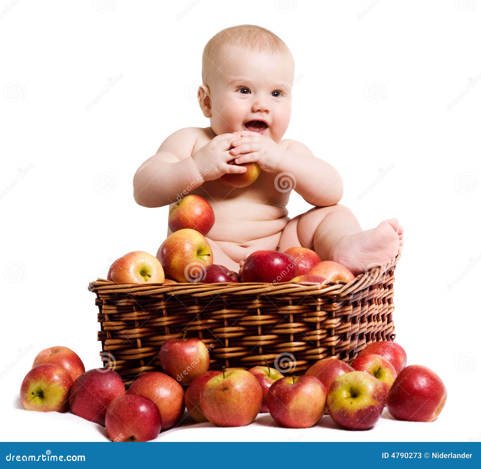 Happy Baby in the Basket with Apples Stock Image - Image of protection ...