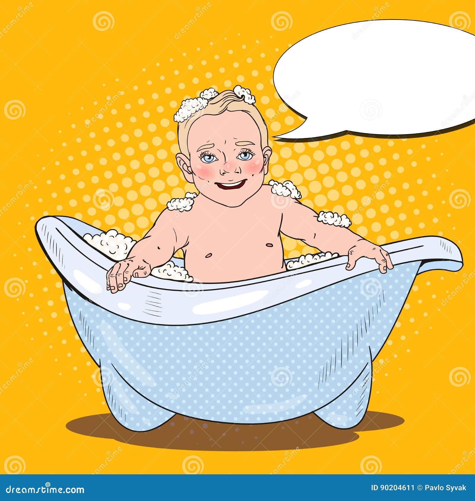 Happy Baby Bathing with Foam Bubbles. Pop Art Retro Illustration Stock ...