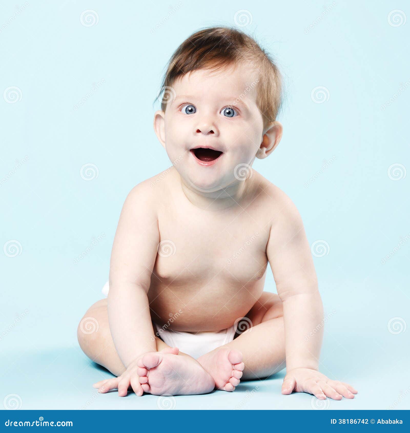 Happy Baby on Blue Background Stock Photo - Image of infant, happy ...