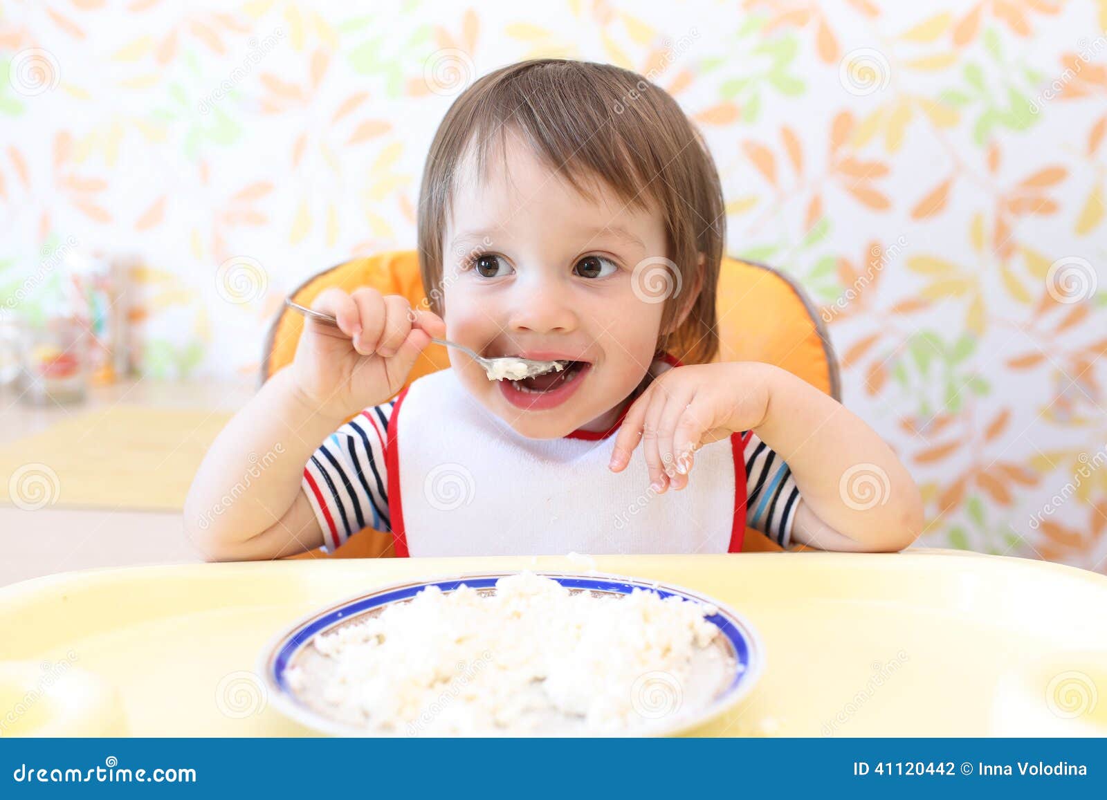 Happy Baby Boy Eating Quark Stock Photo - Image of yearling, european ...