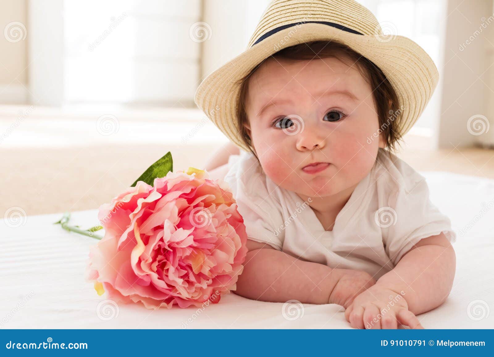 Happy Baby Boy with Pink Flower Stock Image - Image of infant, home ...