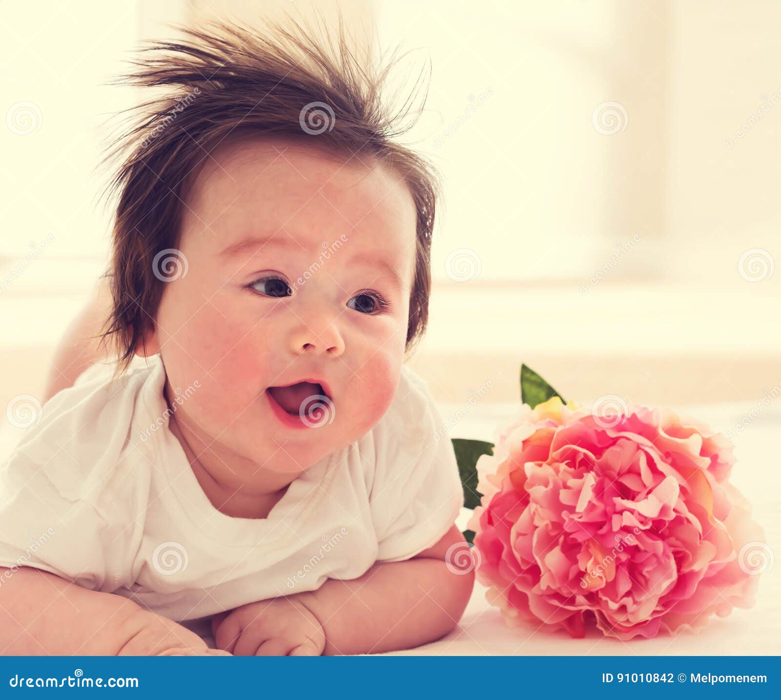 Happy Baby Boy with Pink Flower Stock Photo - Image of cheerful ...