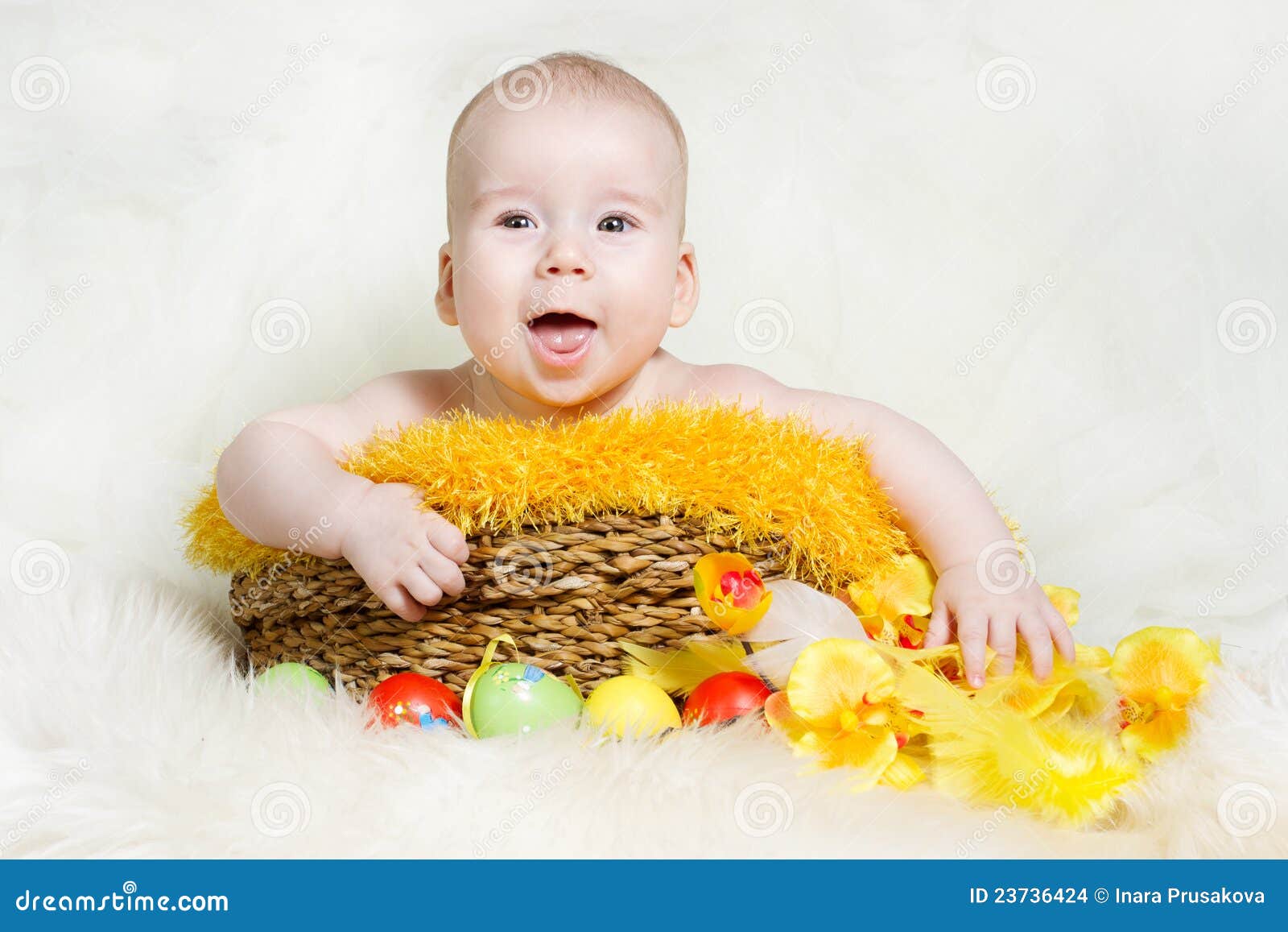 Happy Baby in Easter Basket with Eggs. Stock Photo - Image of inside ...