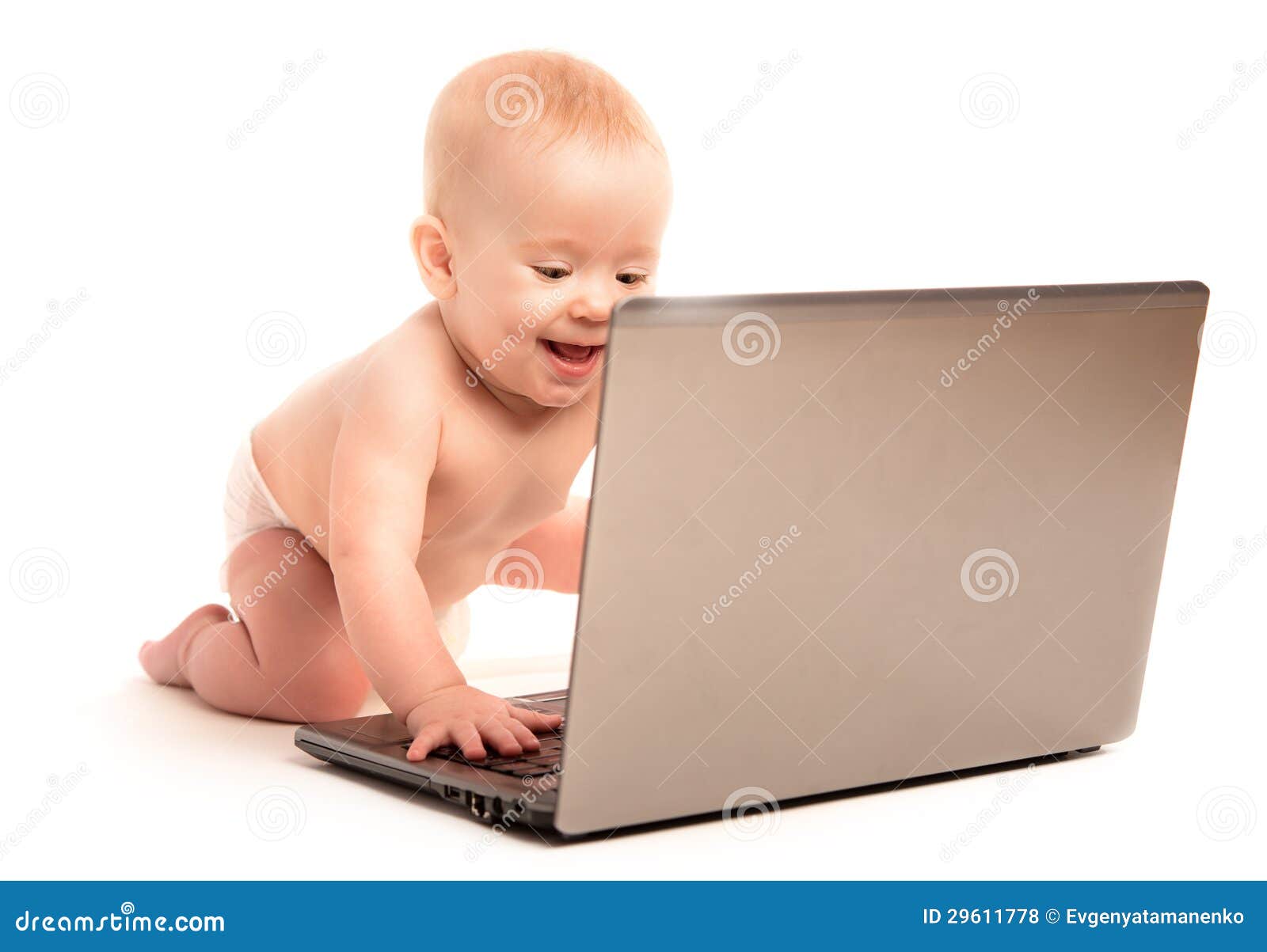 Happy Baby and a Laptop Computer Isolated Stock Photo - Image of joyful ...