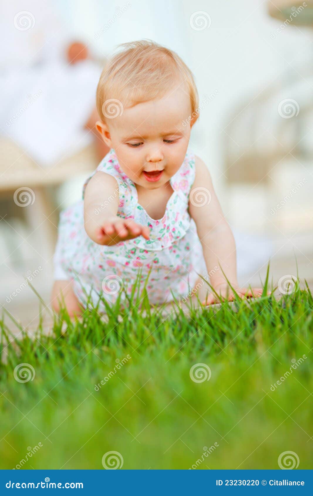 Happy Baby Trying To Touch Grass Stock Photo - Image of smiling ...