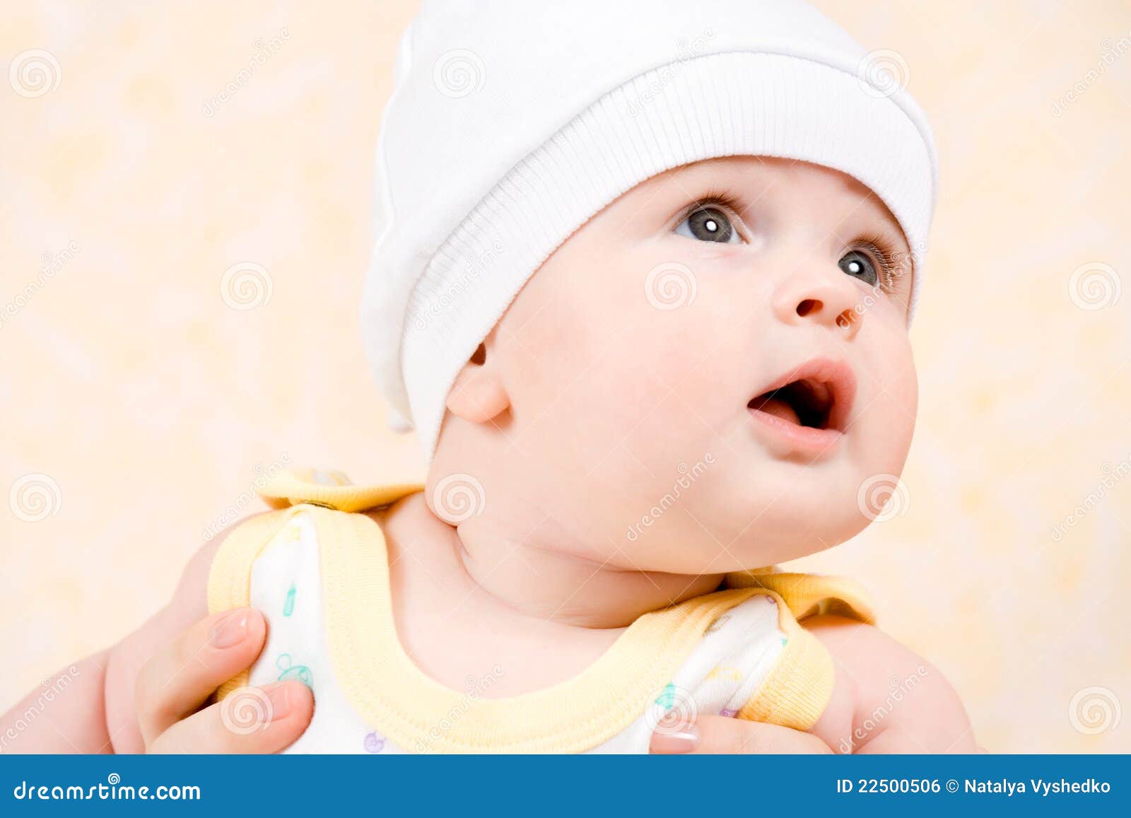 Happy Baby in a White Hat Looking Up Stock Photo - Image of generation ...