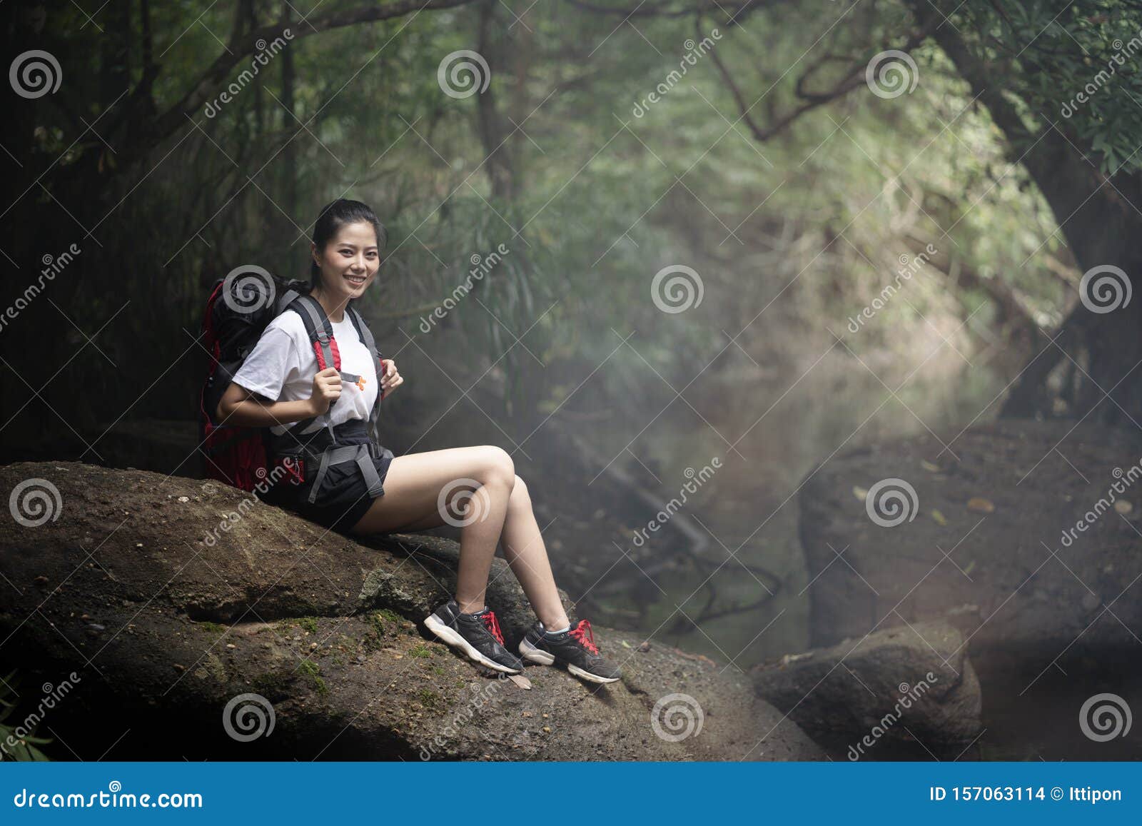 Happy backpack woman stock photo. Image of leisure, female - 157063114