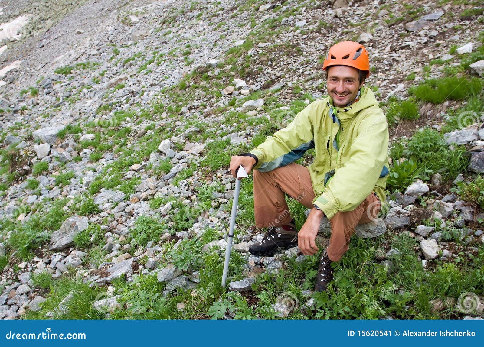 Happy Backpacker Tourist in the Mountains. Stock Image - Image of grass ...