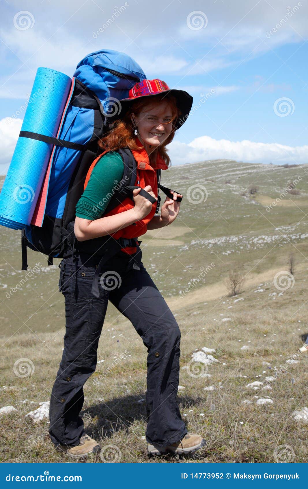 Happy Backpacker Woman in Hat Stock Photo - Image of relaxation ...