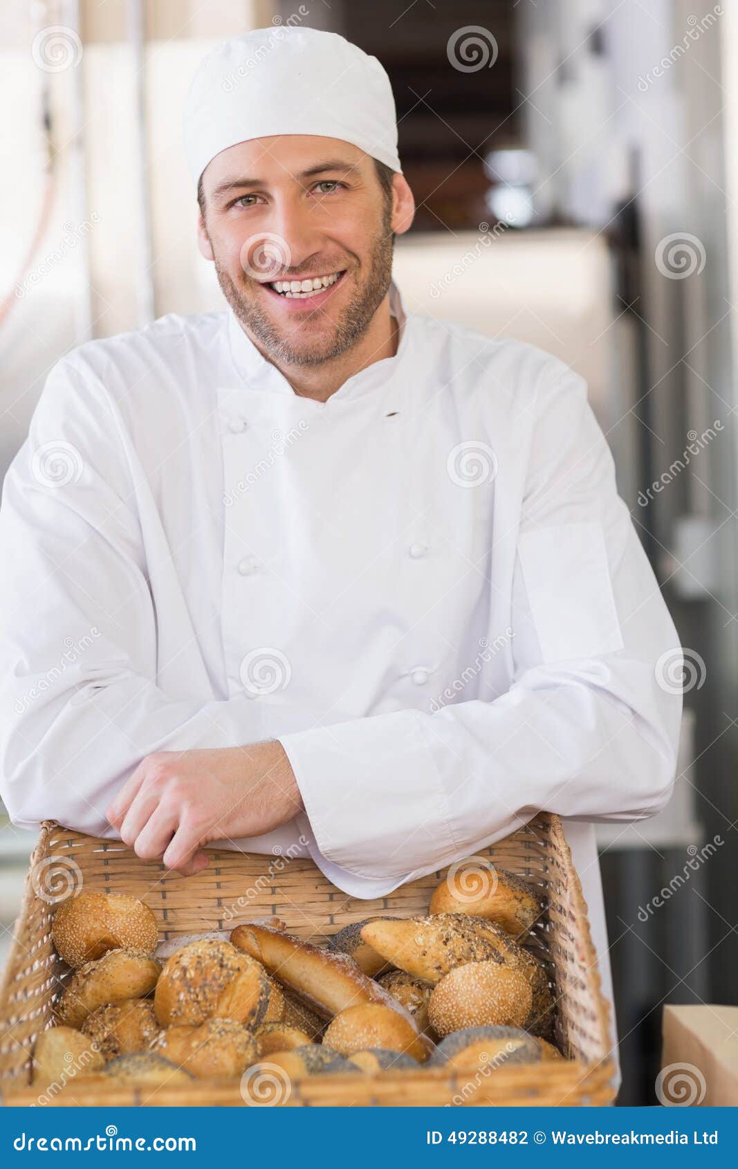 Happy Baker with Basket of Bread Stock Photo - Image of chefs, basket ...