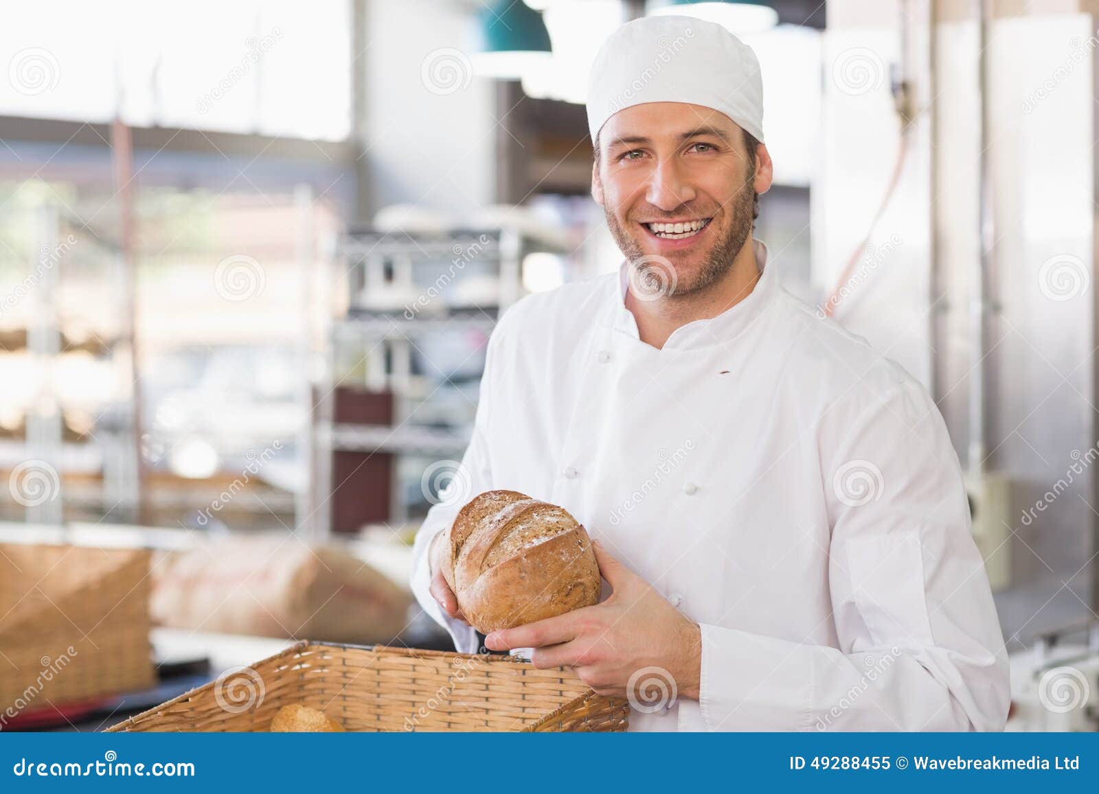 Happy Baker with Loaf of Bread Stock Image - Image of cheerful ...