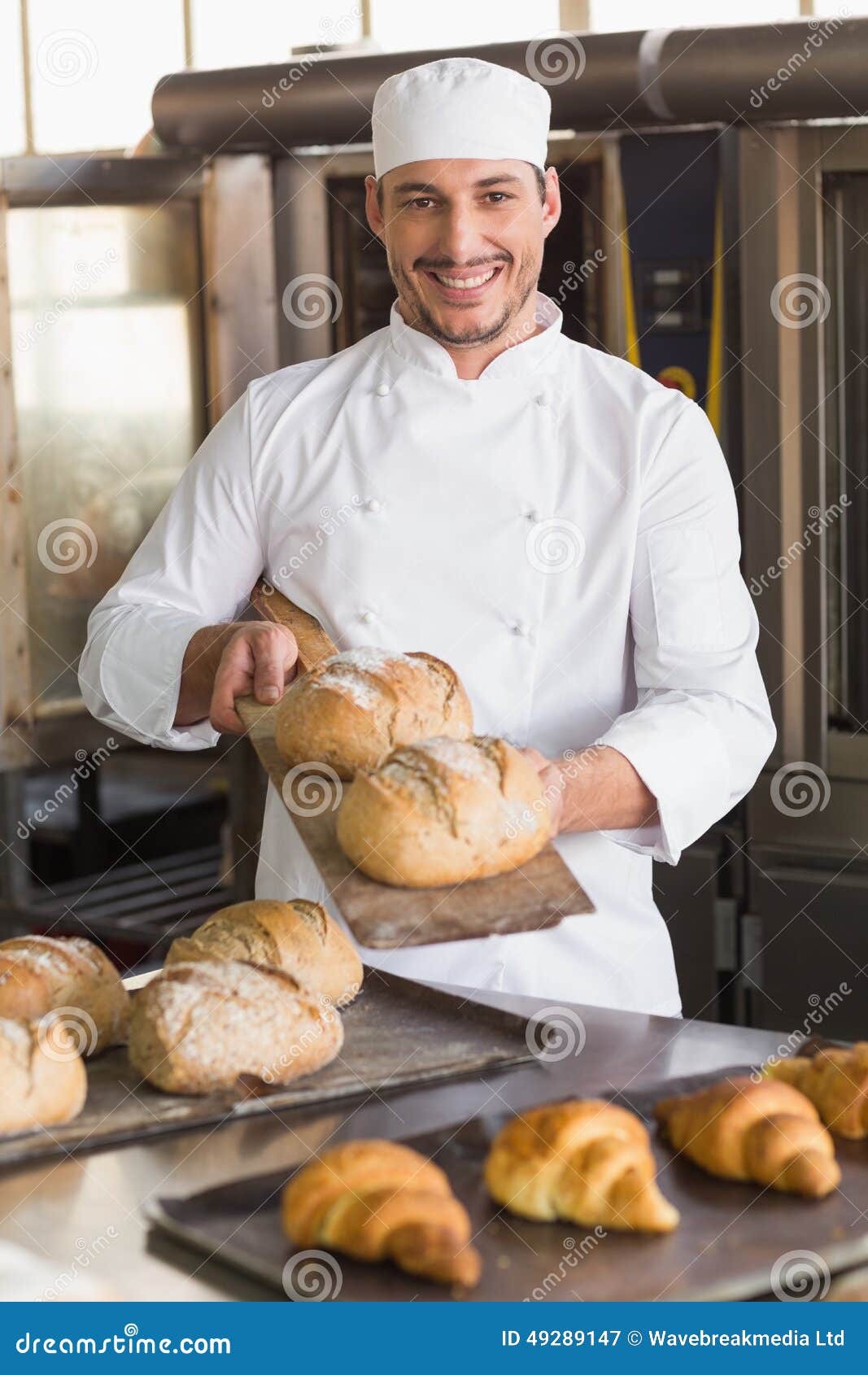 Happy Baker Showing Tray of Fresh Bread Stock Image - Image of ...