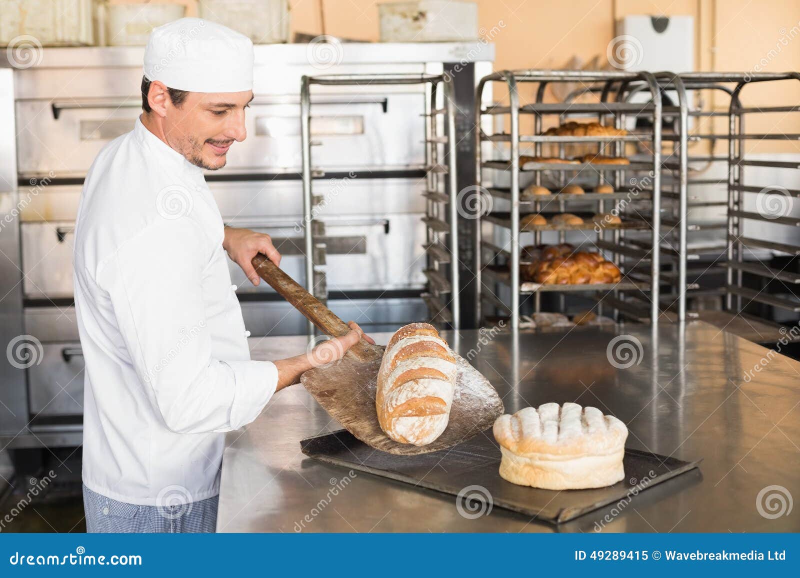 Happy Baker Taking Out Fresh Loaf Stock Image - Image of roll, indoors ...