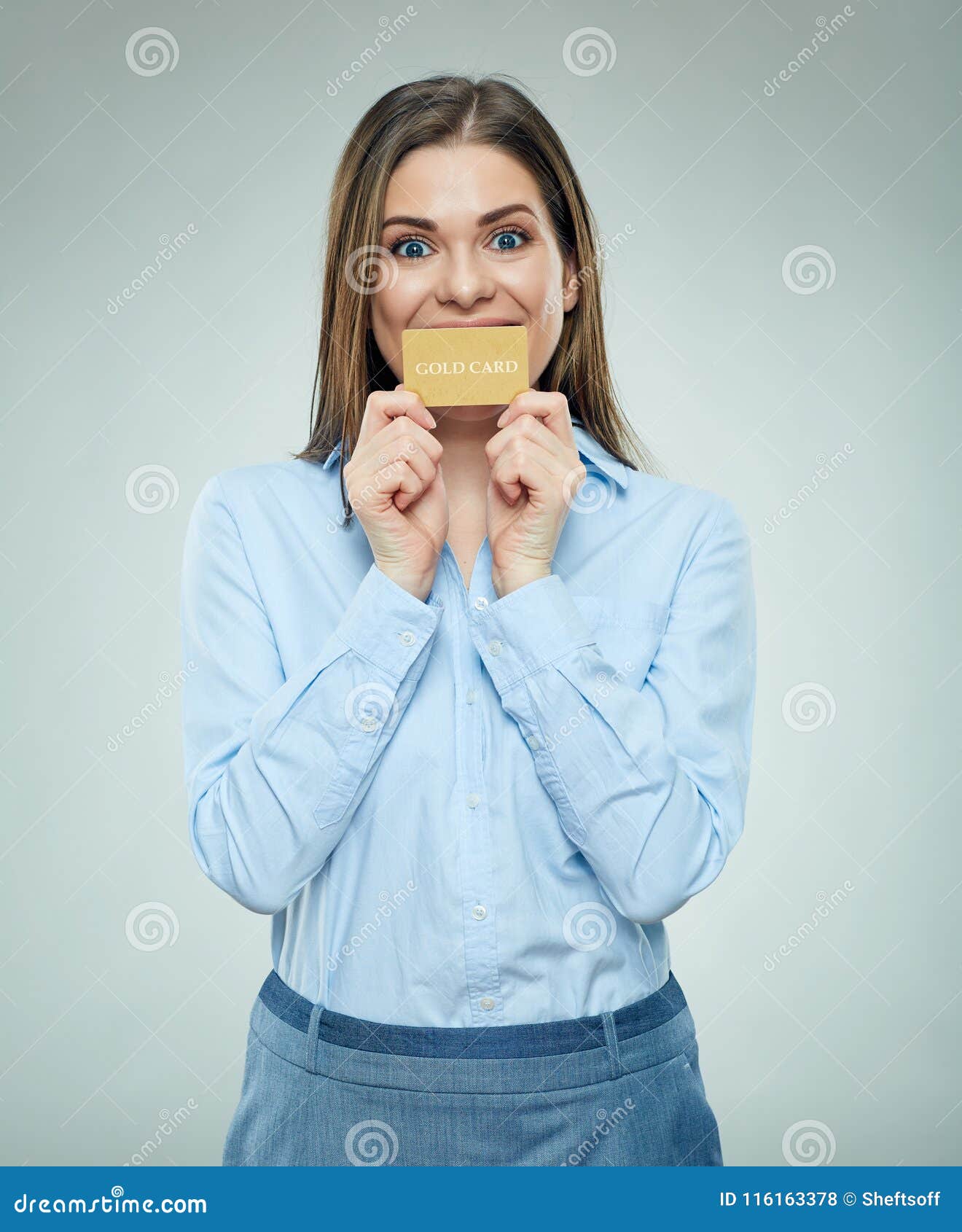 Happy Bank Employee Woman Holding Golden Credit Card Stock Photo ... Happy Bank Employee Woman Holding Golden Credit Card Stock Photo ...