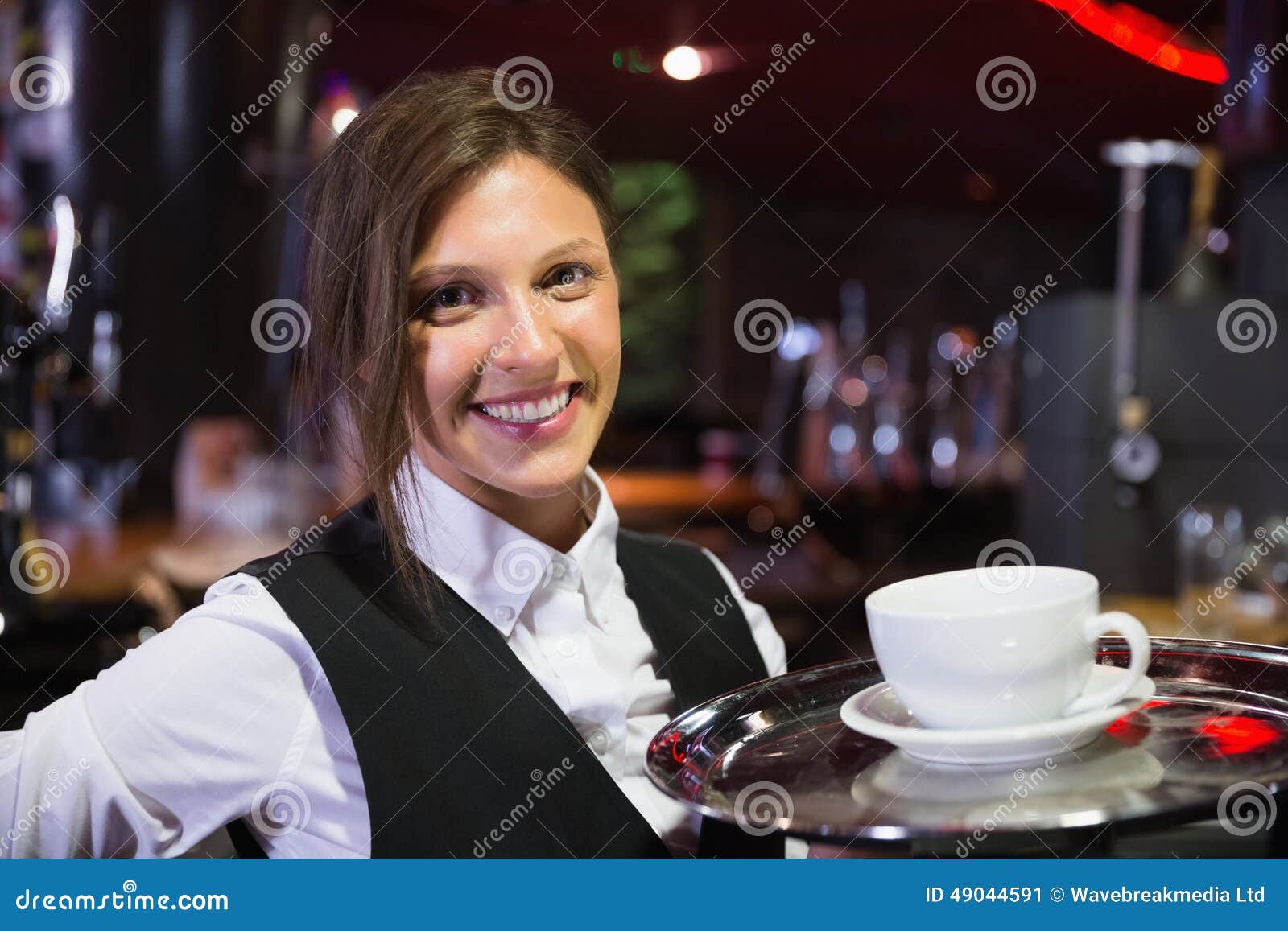 Happy Barmaid Holding Tray with Coffee Stock Image - Image of female ...