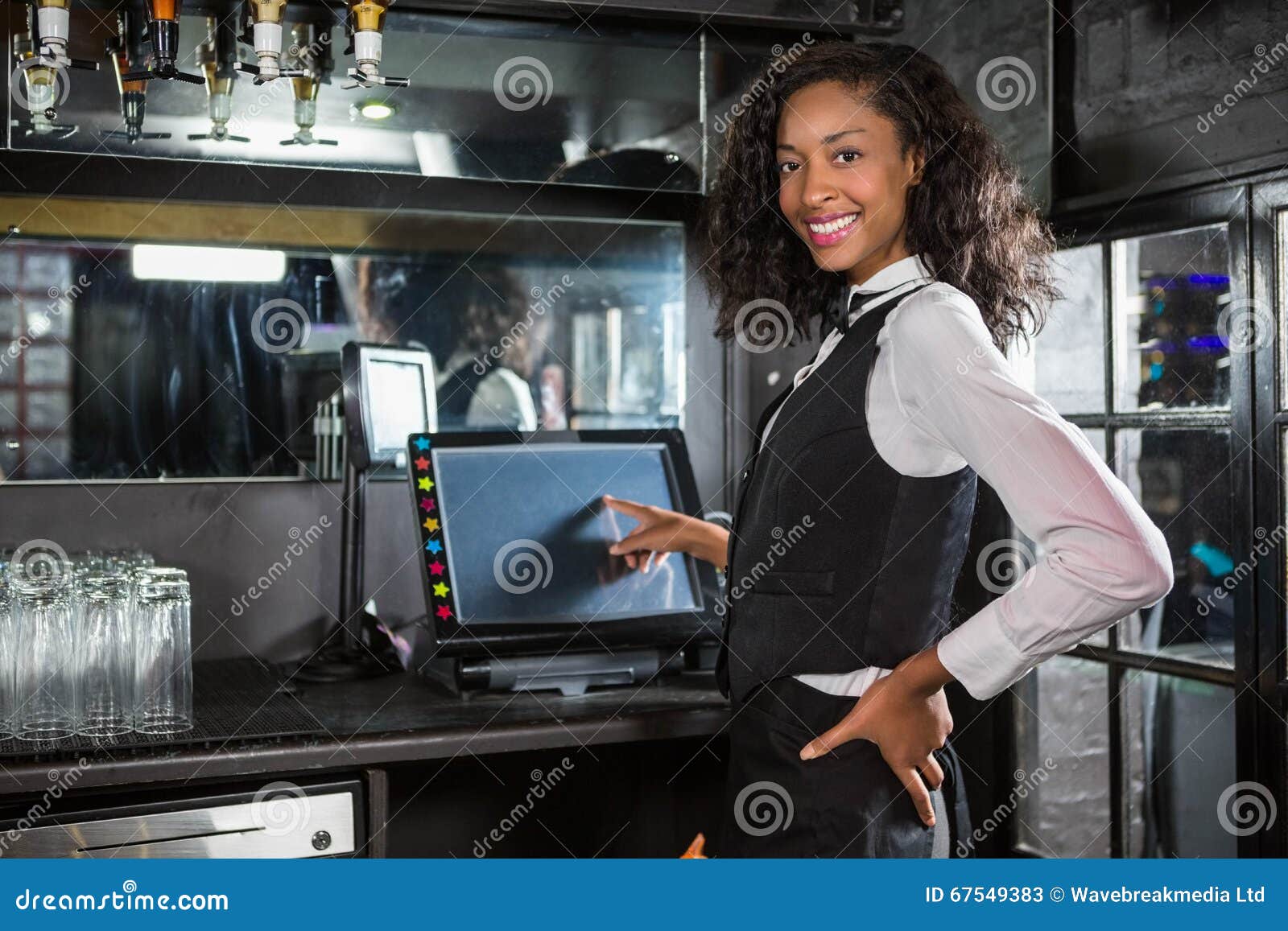 Happy Barmaid Preparing a Bill Stock Image - Image of camera, billing ...