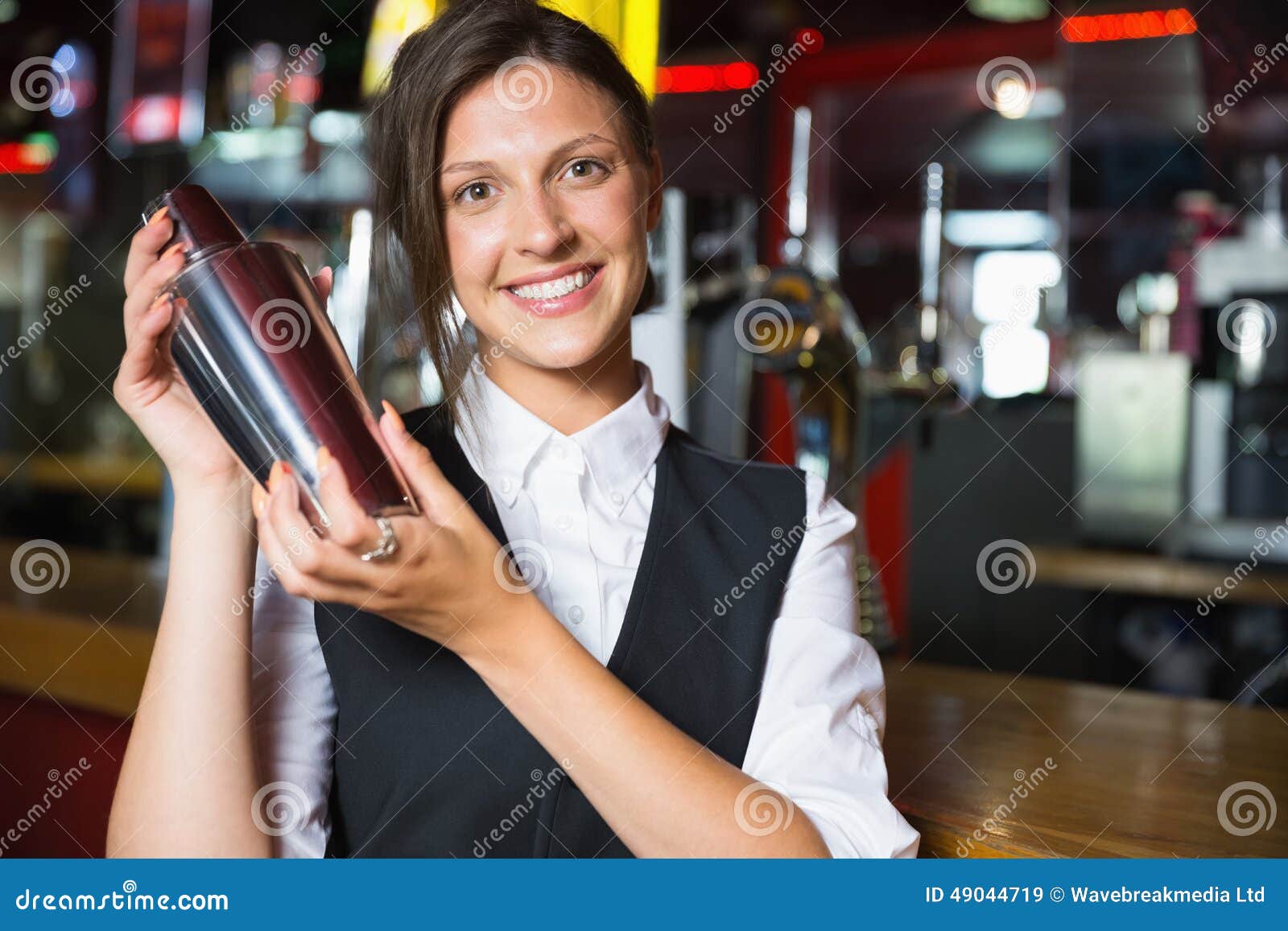 Happy Barmaid Smiling at Camera Making Cocktail Stock Image - Image of ...