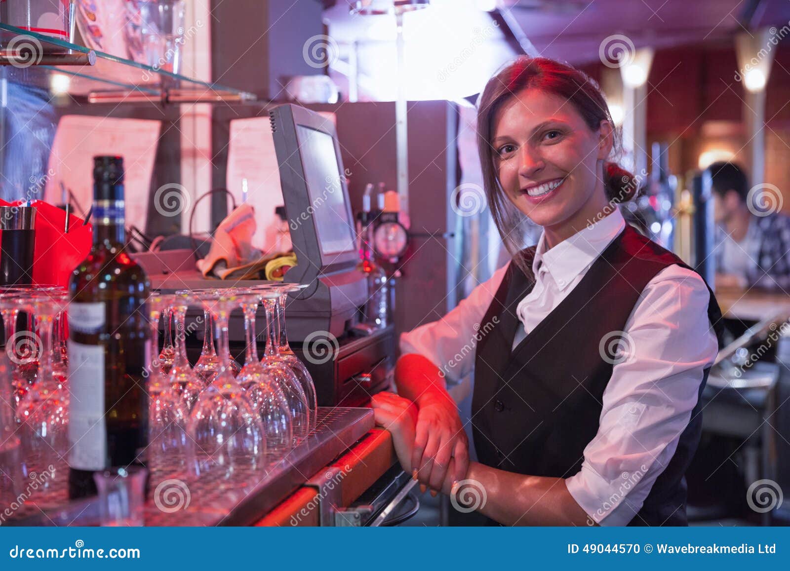 Happy Barmaid Smiling At Camera Making Cocktail Royalty-Free Stock ...