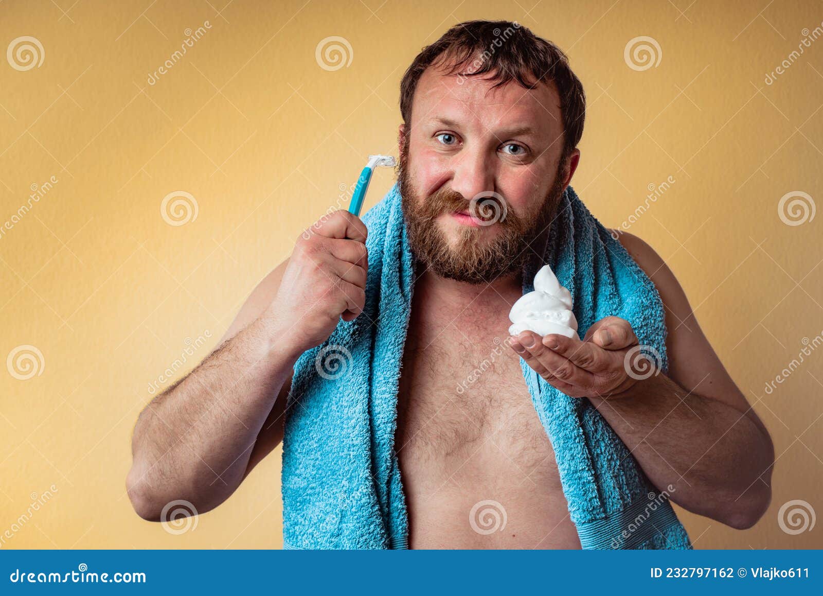Happy Bearded Guy is Ready To Shave His Beard. Man Shaving Stock Photo ...