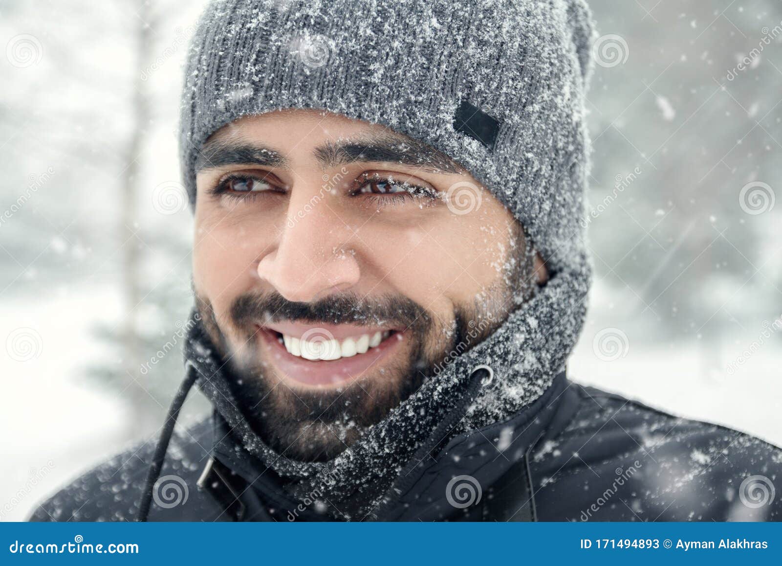 Happy Bearded Middle Eastern Man Wearing Winter Clothes Under the Snow ...