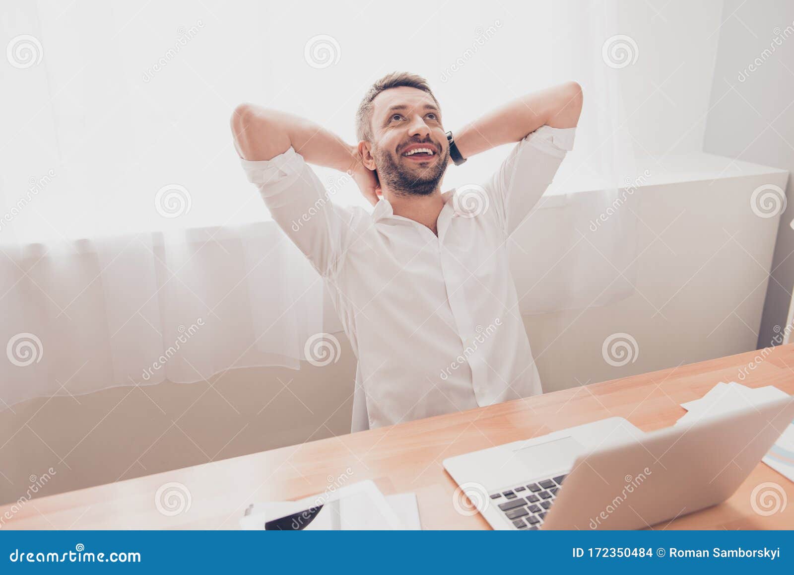 Happy Bearded Worker Having Break and Resting after Work Stock Photo ...