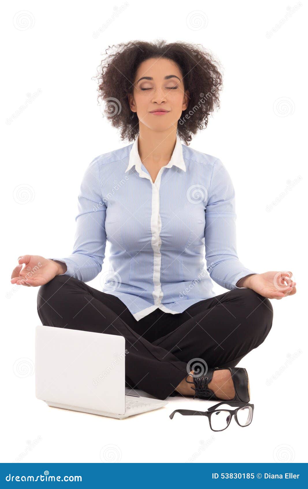 Happy Beautiful African American Business Woman Sitting In Yoga Stock