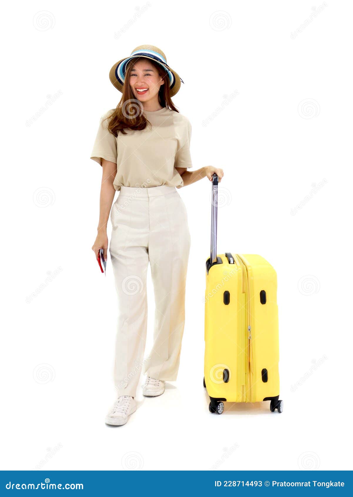 Happy Beautiful Asian Woman Traveler With Yellow Luggage Suitcase