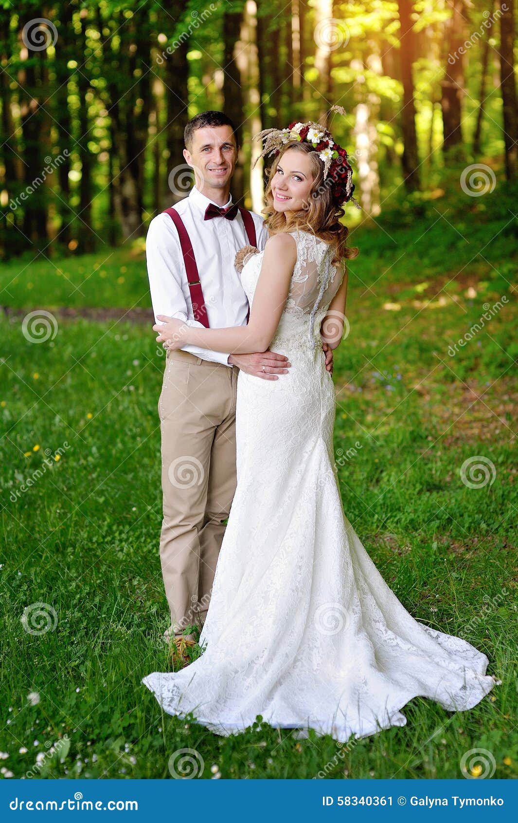 Happy Beautiful Bride and Groom Walking on Field in Sunlight Stock ...