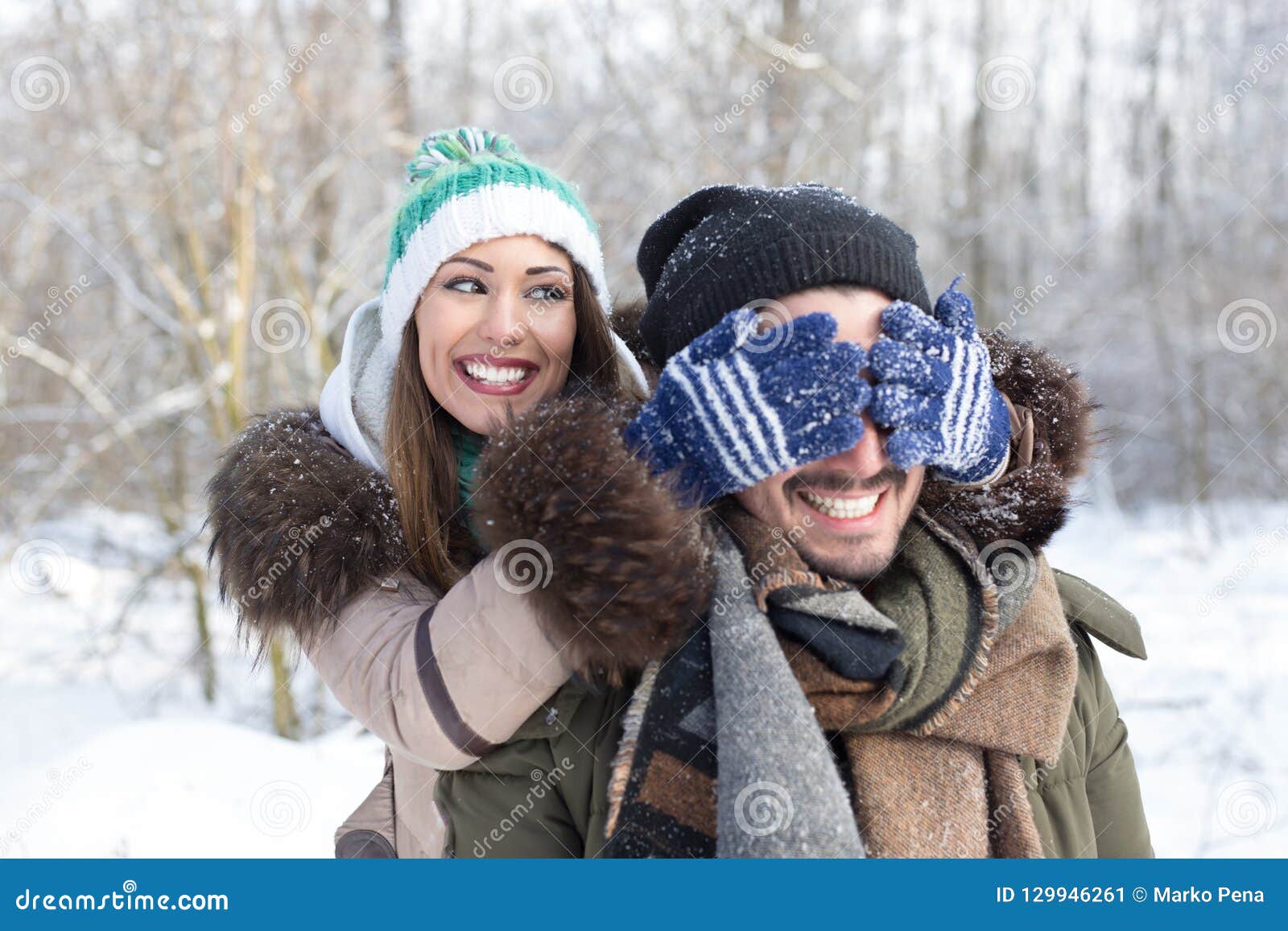 Happy Beautiful Couple Playing in the Snow Stock Image - Image of ...